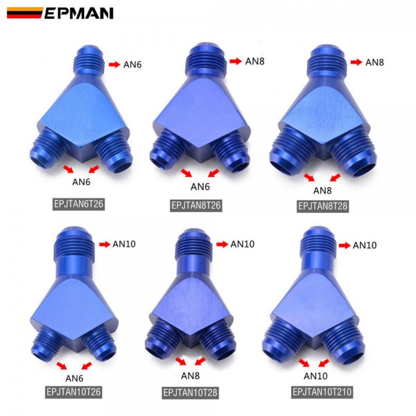 EPMAN Universal 3-Way Y-Block Fitting Adapter AN6/AN8/AN10 Male To 2X AN6/AN8/AN10 Male Blue ...